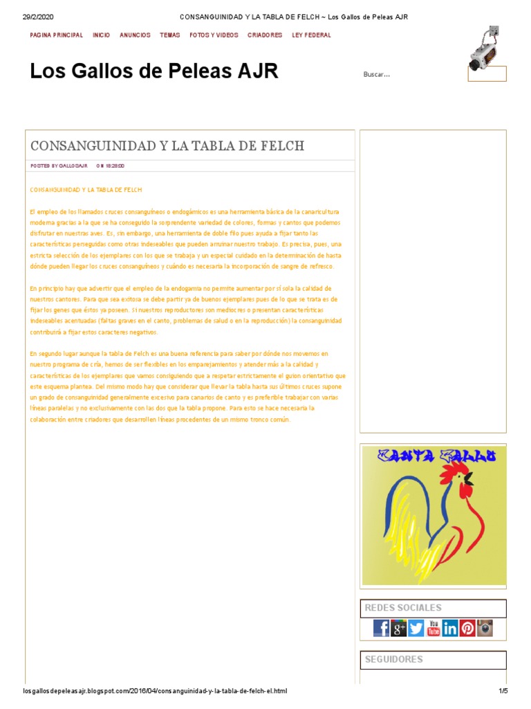 CONSANGUINIDAD Y LA TABLA DE FELCH - Los Gallos de Peleas AJR PDF | PDF ...