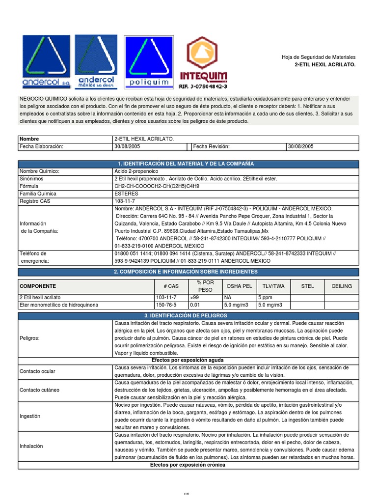 Hoja de Seguridad de Materiales para 2-Etil Hexil Acrilato: Información ...