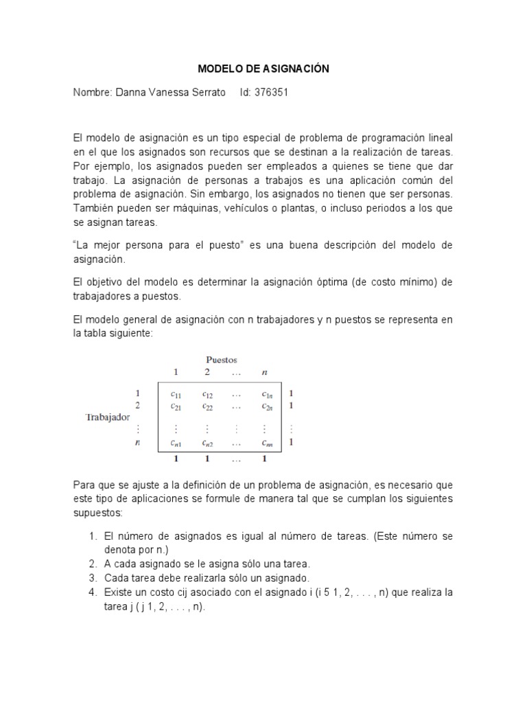 Modelo de Asignación | PDF | Matriz (Matemáticas) | Optimización Matemática