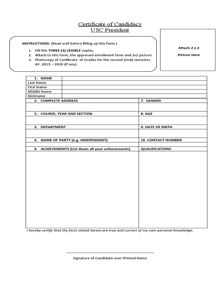 Certificate of Candidacy USC President | PDF