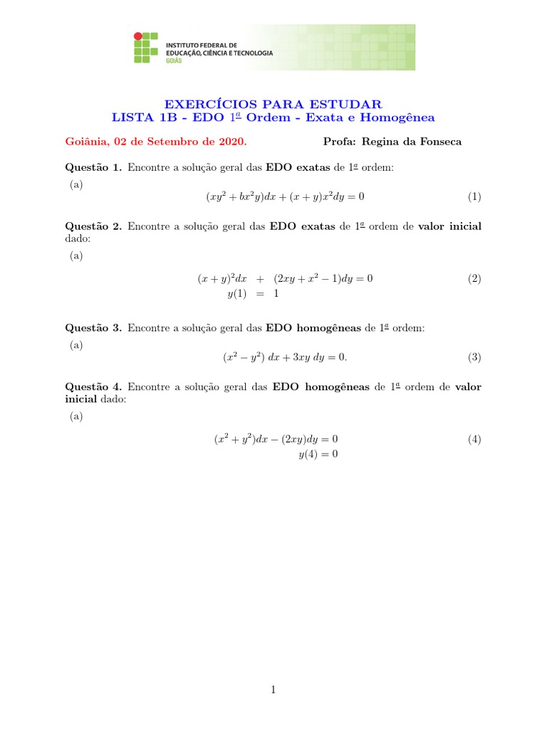 Lista 1B - Exercícios - EDO 1° Ordem Exata e Homogênea PDF | PDF