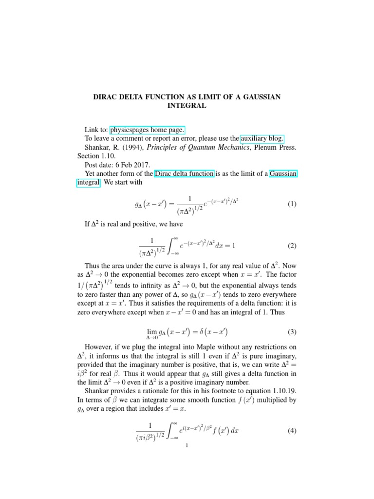 Dirac Delta Function As Limit of A Gaussian | PDF | Integral ...