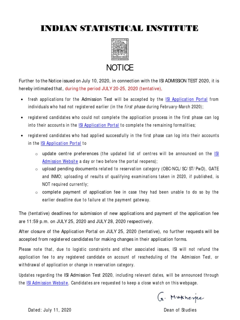 Notice Second Postponement Admission Test II 2020 | PDF