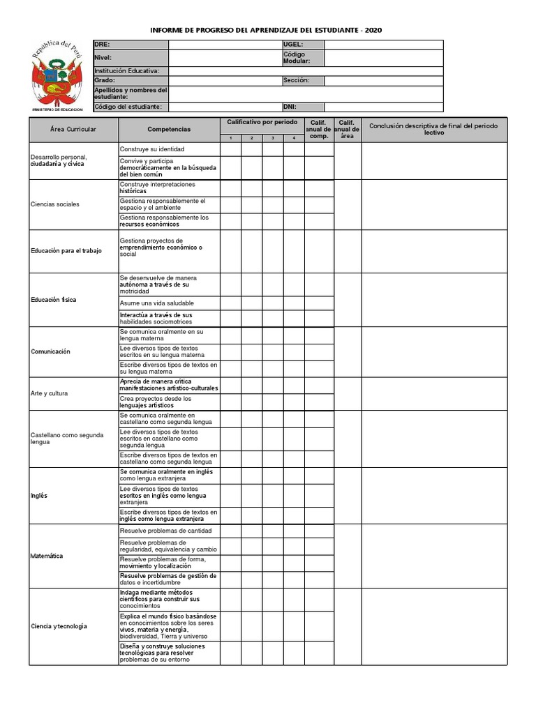 Informe de Progreso de Aprendizaje de Estudiante SECUNDARIA | PDF ...