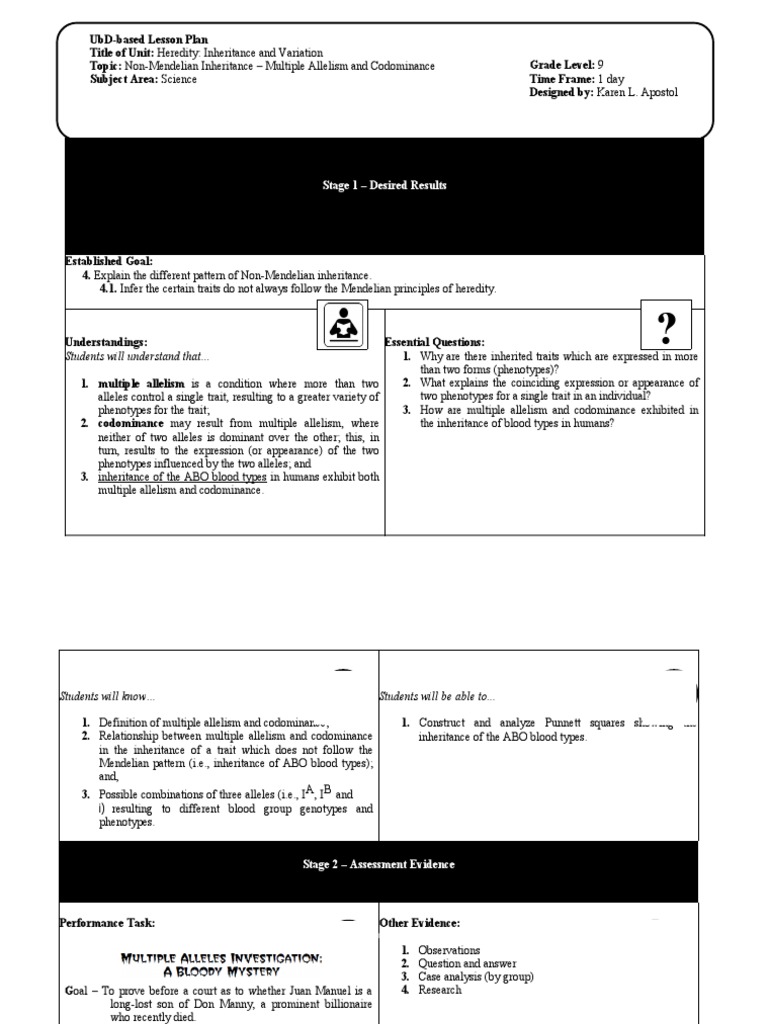 UbD Lesson Plan Non Mendelian Inheritance | PDF | Heredity | Phenotypic ...