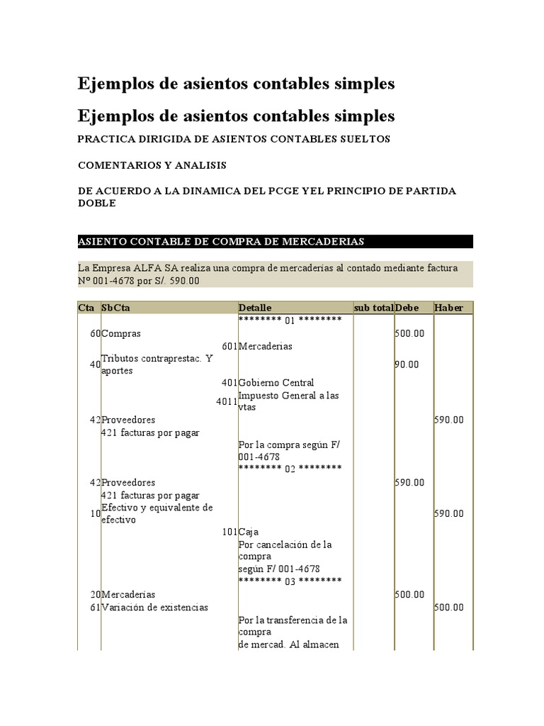 Ejemplos de Asientos Contables Simples | PDF | Contabilidad | Salario