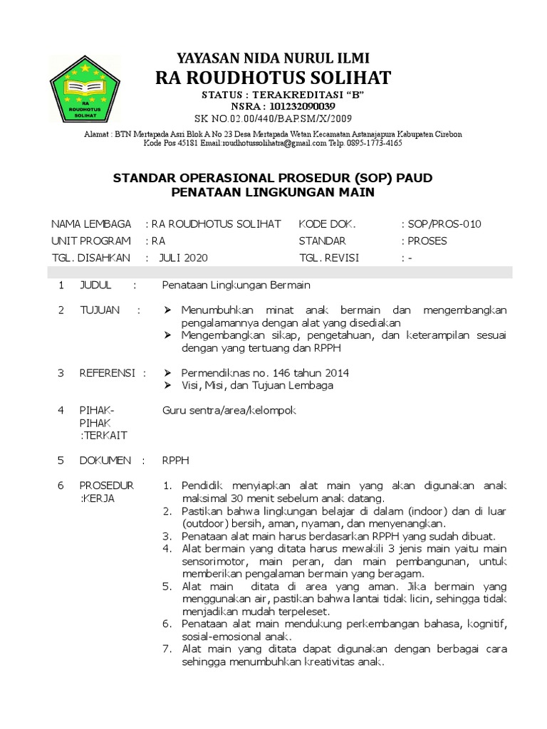 SOP Penataan Lingkungan Bermain PAUD | PDF