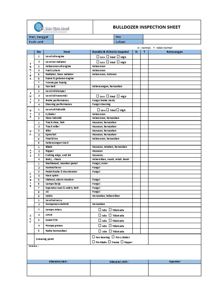 Inspection Sheet - Bulldozer PT. DCA | PDF