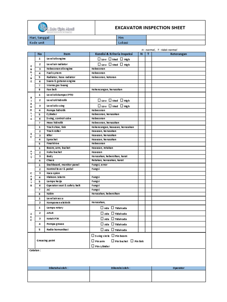 Inspection Sheet - Excavator PT. DCA | PDF