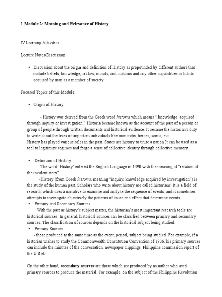 Definition of History and Types of Sources | PDF | Knowledge ...