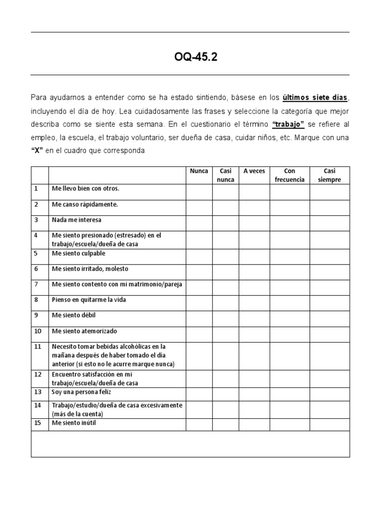 Cuestionario OQ-45.2 de Bienestar | PDF | Relaciones personales ...