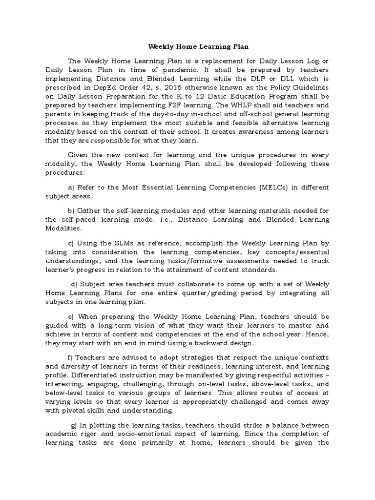 Weekly Home Learning Plan | PDF | Educational Assessment | Learning