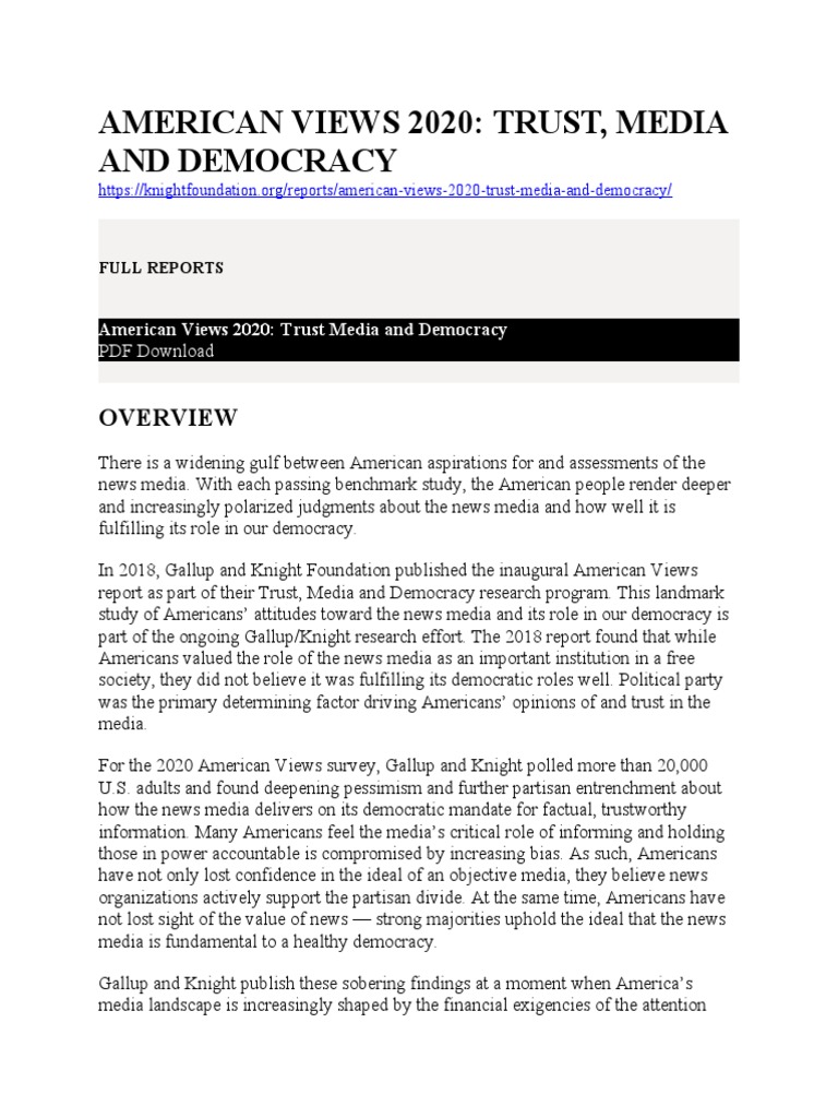American Views 2020: Trust Media and Democracy | PDF | News | Bias
