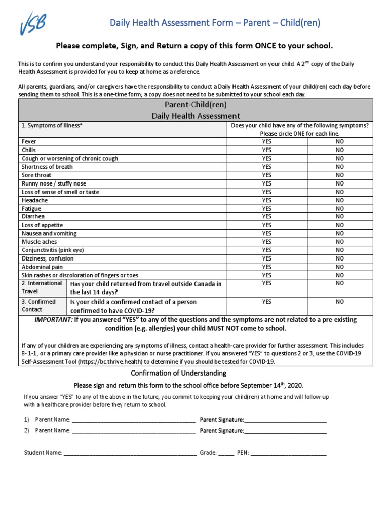 Kindergarten Health Assessment Form