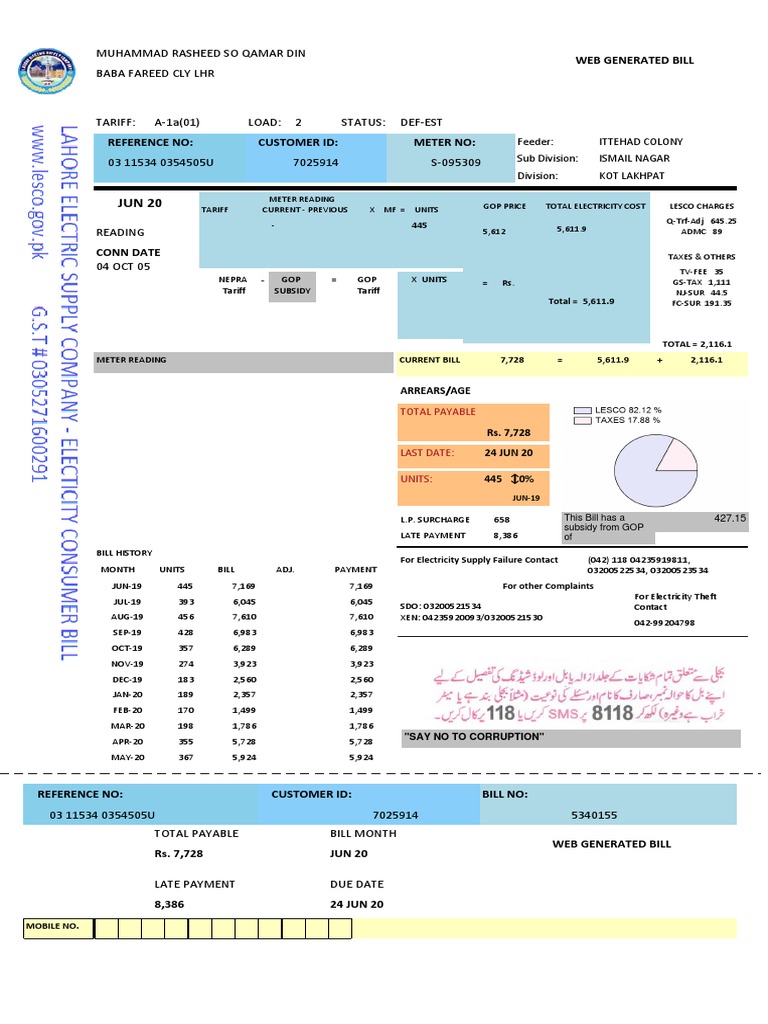 Muhammad Rasheed So Qamar Din Baba Fareed Cly LHR: Web Generated Bill | PDF | Payments ...