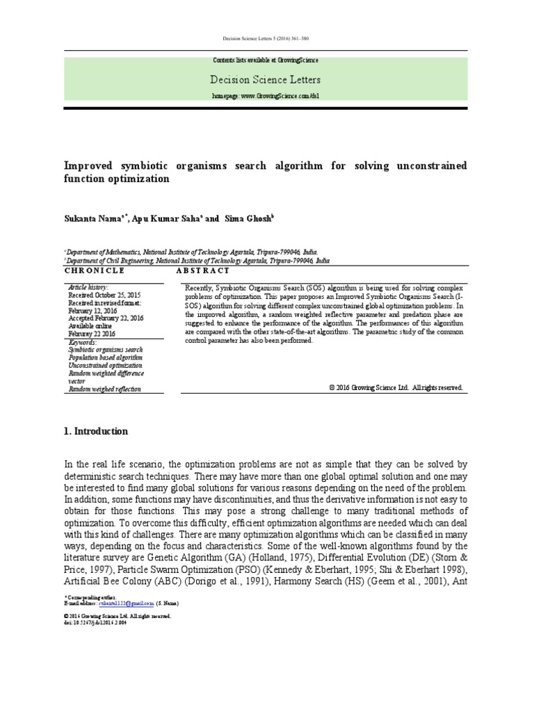 Improved Symbiotic Organisms Search Algorithm For Solving Unconstrained Function Optimization ...