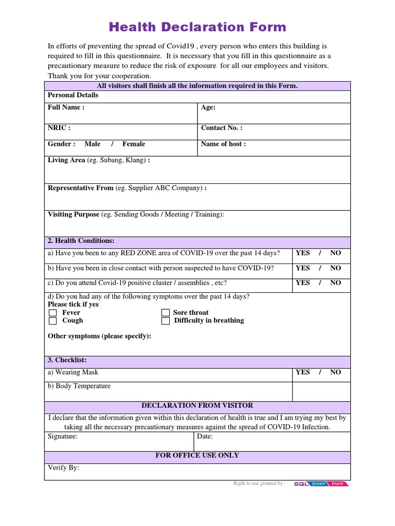 Health Declaration Form: Right To Use Granted by | PDF