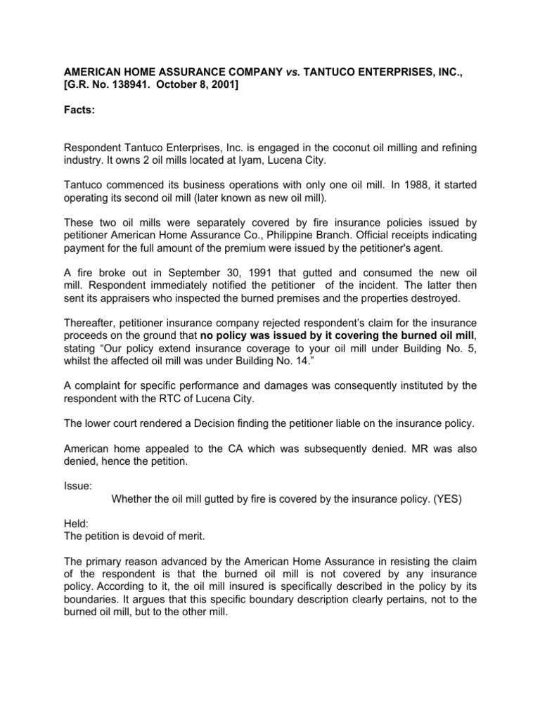 American Home Assurance Company vs. Tantuco Enterprises, Inc., (G.R. No ...