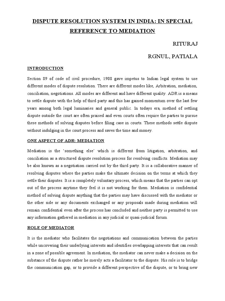 Dispute Resolution System in India: in Special Reference To Mediation | PDF | Mediation ...