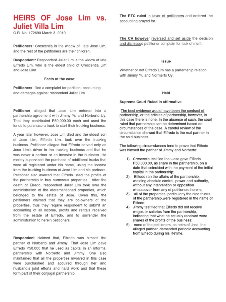 Supreme Court Affirms Elfledo Lim's Partnership | PDF | Partnership ...