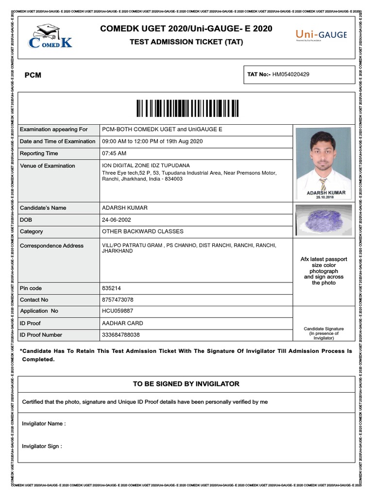 COMEDK UGET 2020/Uni-GAUGE-E 2020: Test Admission Ticket (Tat) | PDF ...