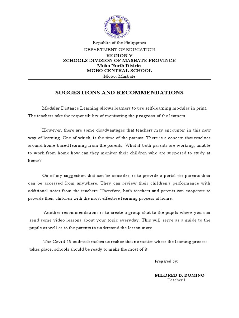 Suggestion and Recommendation - Narrative Report On Shield - Cabas-An ...