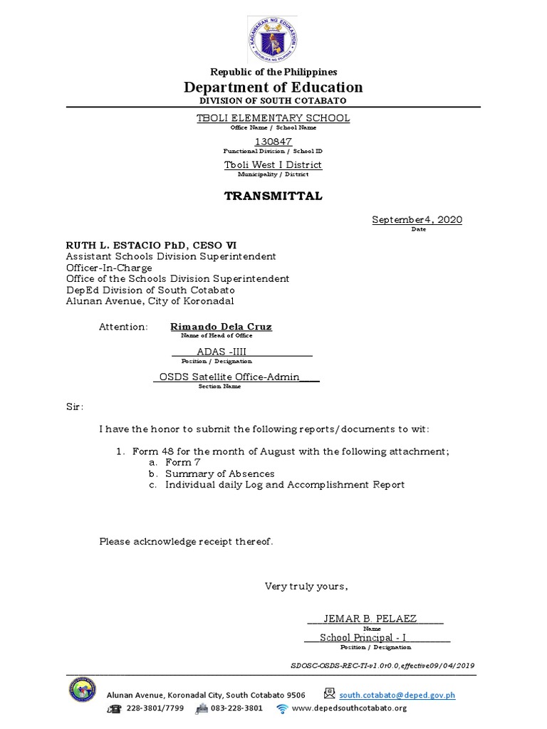 TRANSMITTAL-SAMPLE Form 48 August | PDF | Philippines