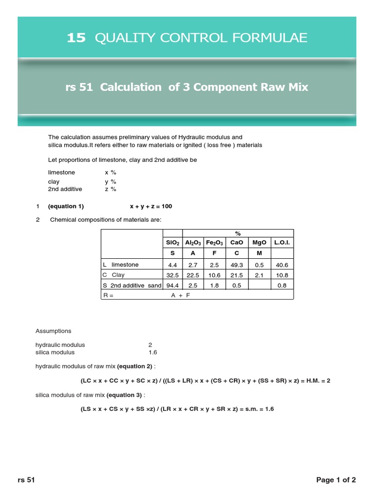 15 Quality Control Formulae: Rs 51 Calculation of 3 Component Raw Mix ...