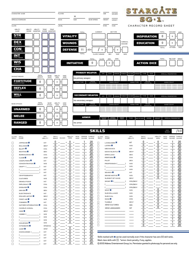 Stargate SG 1 Character Record Sheet | PDF | Gaming | Tabletop Games