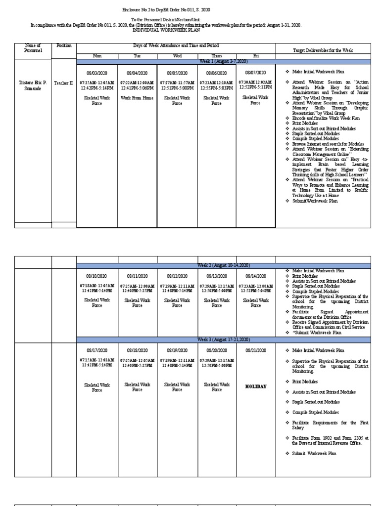 August 2020 Workweek Plan for Teacher II | PDF | Communication | Cognition