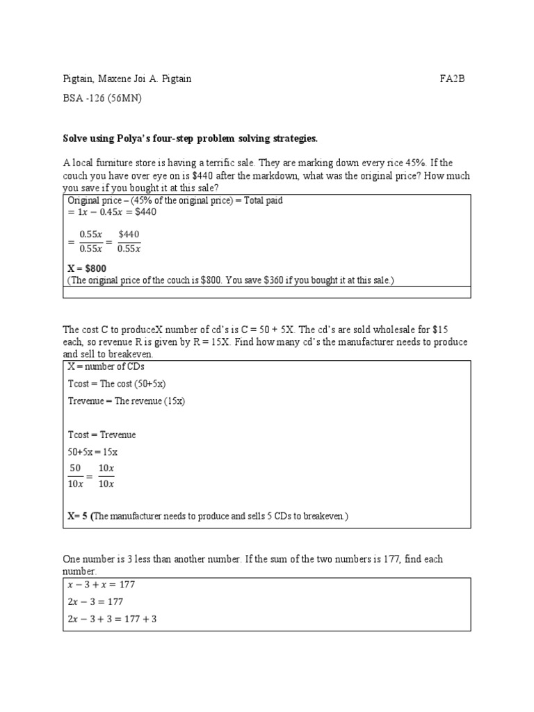 Solve Using Polya's Four-Step Problem Solving Strategies | PDF ...