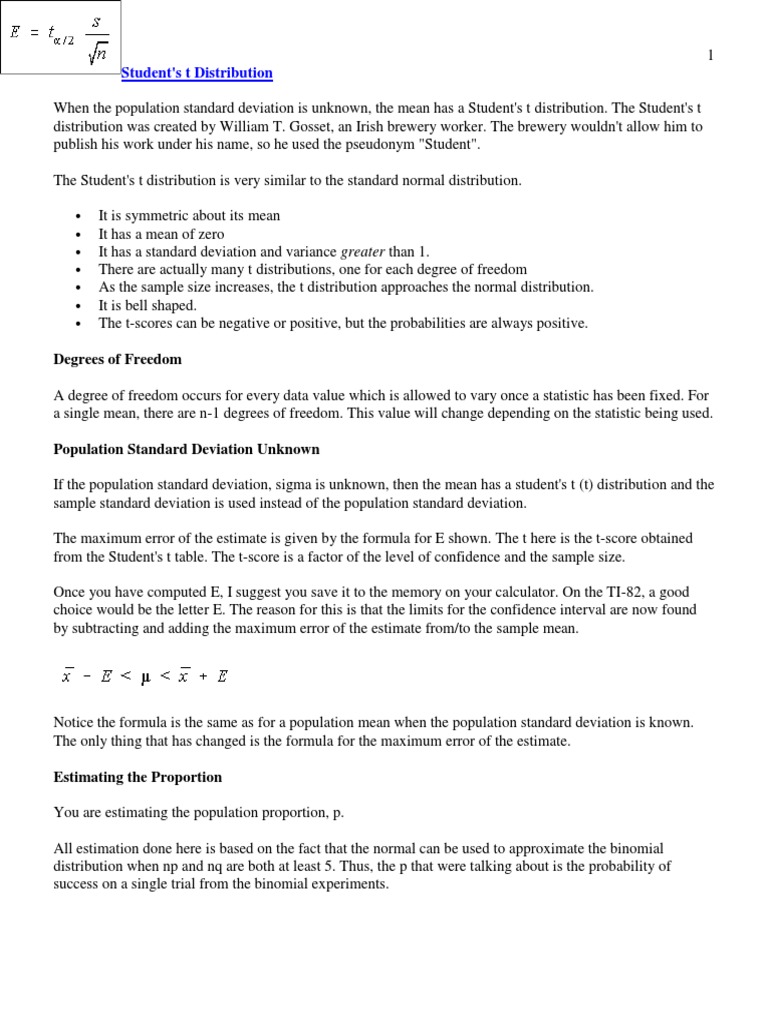 Student's T Distribution | PDF | Standard Deviation | Confidence Interval