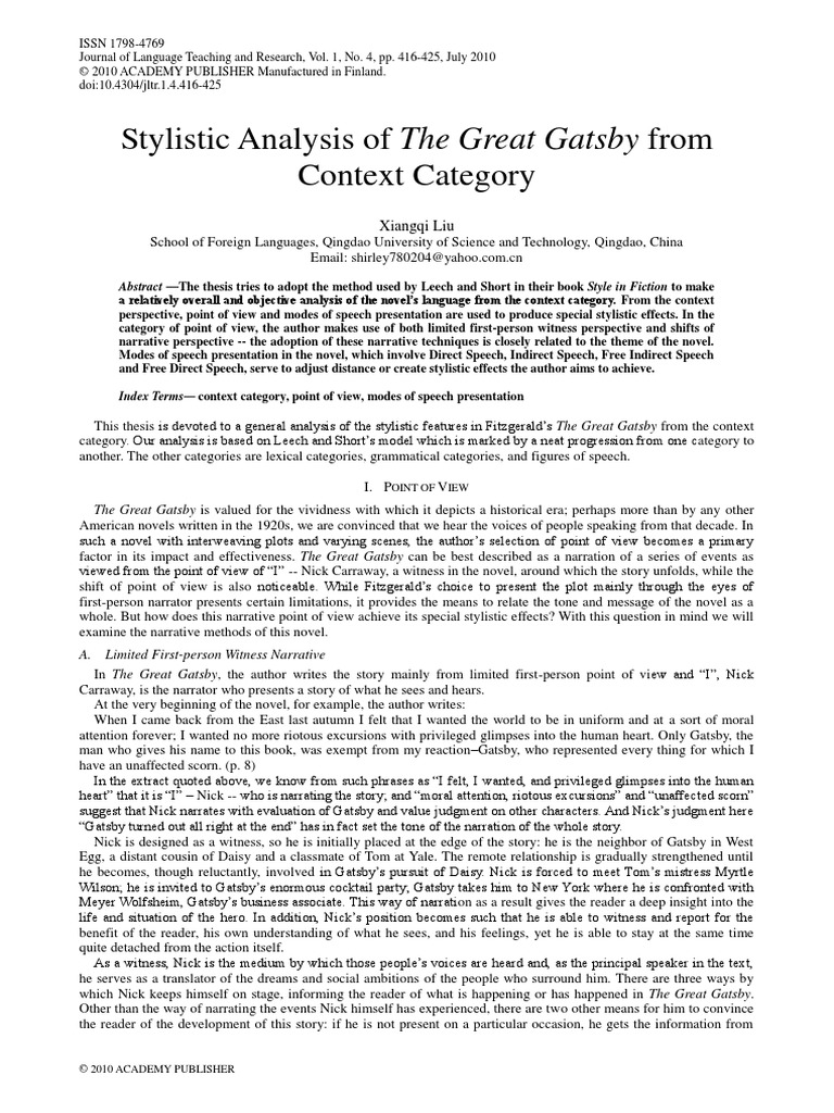 Stylistic Analysis of The Great Gatsby From Context Category | PDF ...