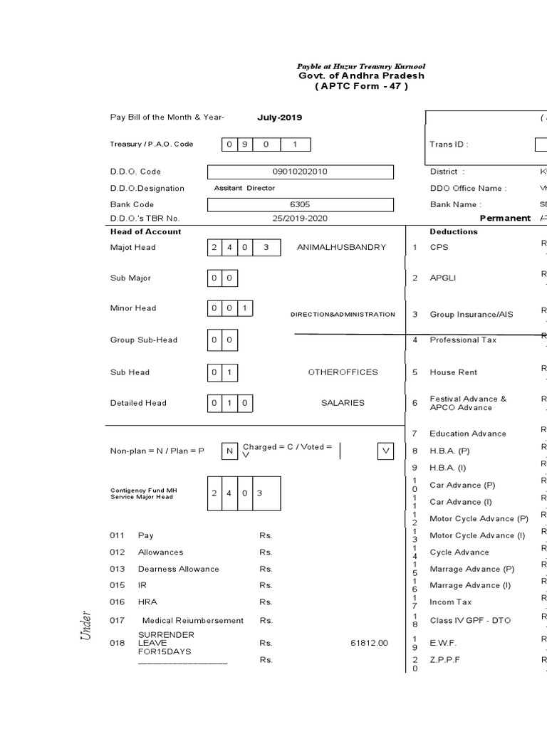 Govt. of Andhra Pradesh (APTC Form - 47) : / Temporaray Head of Account ...