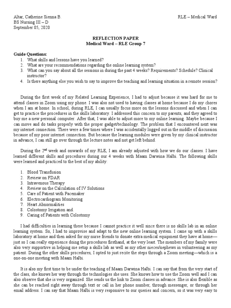 Reflection Paper Medical Ward - RLE Group 7 Guide Questions | PDF ...