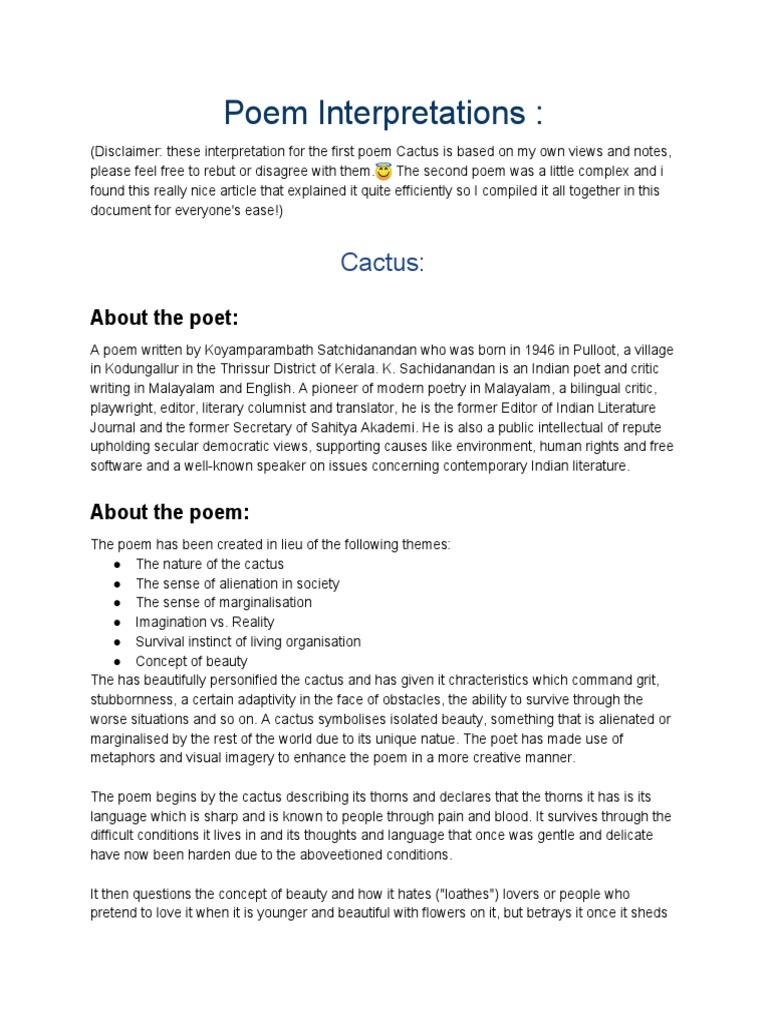 Cactus Poem Interpretations | PDF | Poetry | Religion And Belief
