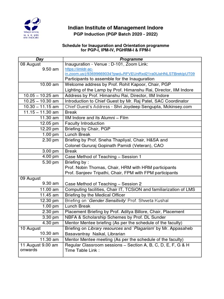 PGP Induction Programme Schedule (8th - 10th August 2020) | PDF