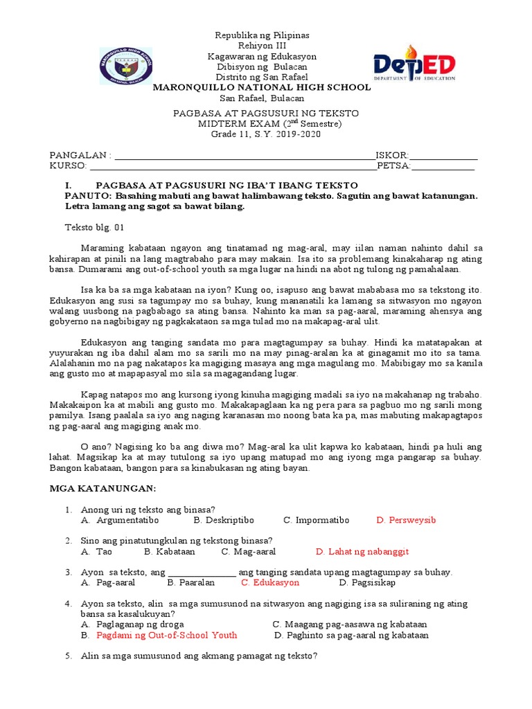 Midterm Exam Sa Pagbasa at Pagsusuri 2019-2020 Answer Key | PDF Midterm Exam Sa Pagbasa at Pagsusuri 2019-2020 Answer Key | PDF