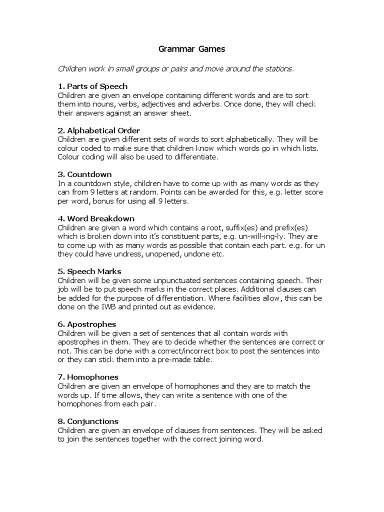 Grammar Games: 1. Parts of Speech | PDF | Adverb | Part Of Speech