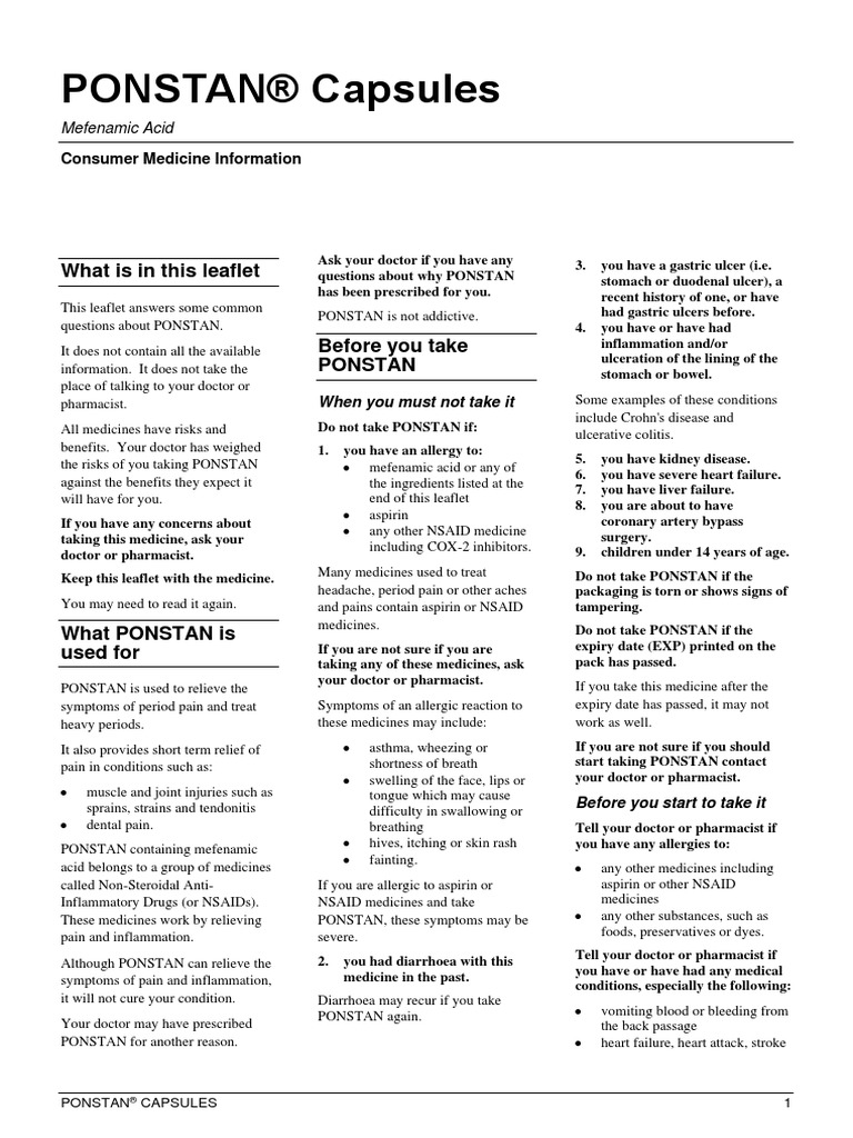 PONSTAN® Capsules: What Is in This Leaflet | PDF | Aspirin ...