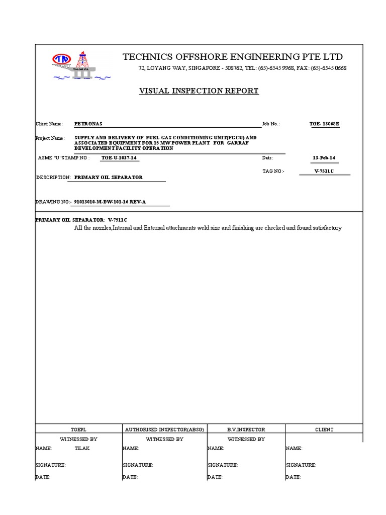 Technics Offshore Engineering Pte LTD: Visual Inspection Report | PDF ...