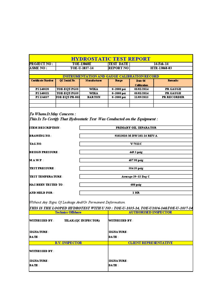 Hydrostatic Test Reports | PDF | Chemical Engineering | Building ...