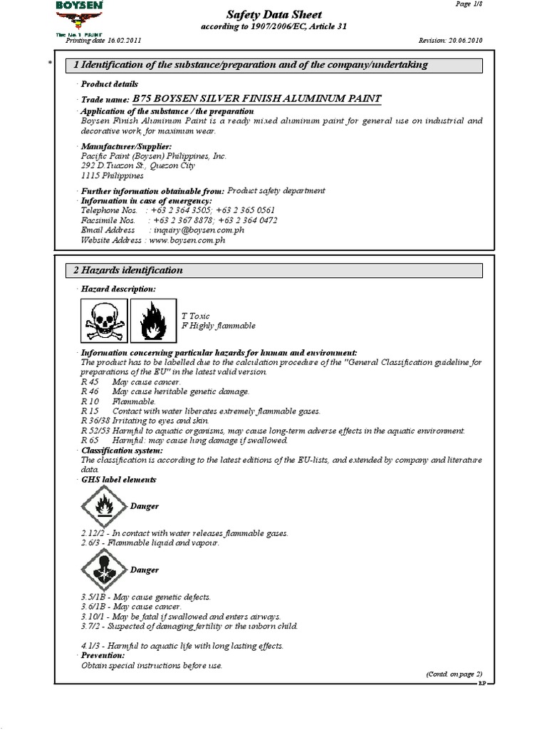 Boysen B75 Silver Aluminum Paint SDS | PDF | Dangerous Goods | Toxicity