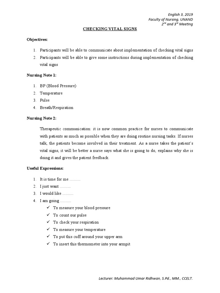 Checking Vital Signs Objectives:: English 3, 2019 Faculty of Nursing ...