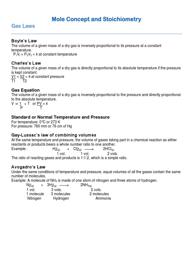Mole Concept Stoichiometry (SUMMARY CHEMISTRY CHAPTER) | PDF | Mole ...