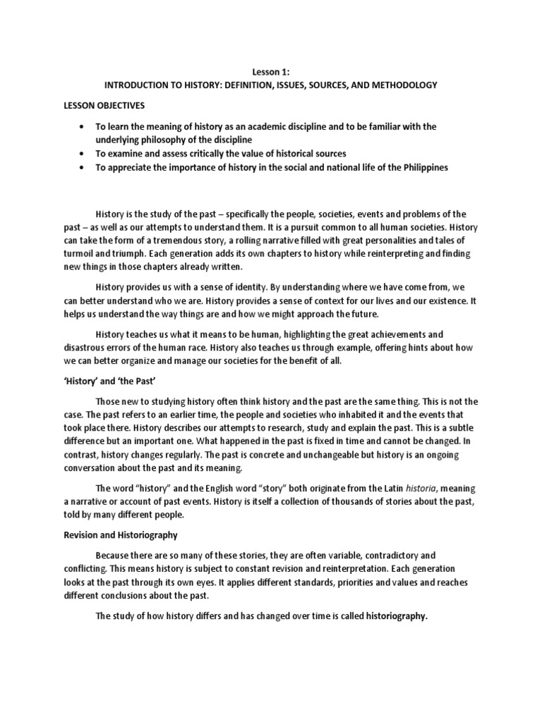 Lesson 1: Introduction To History: Definition, Issues, Sources, and ...