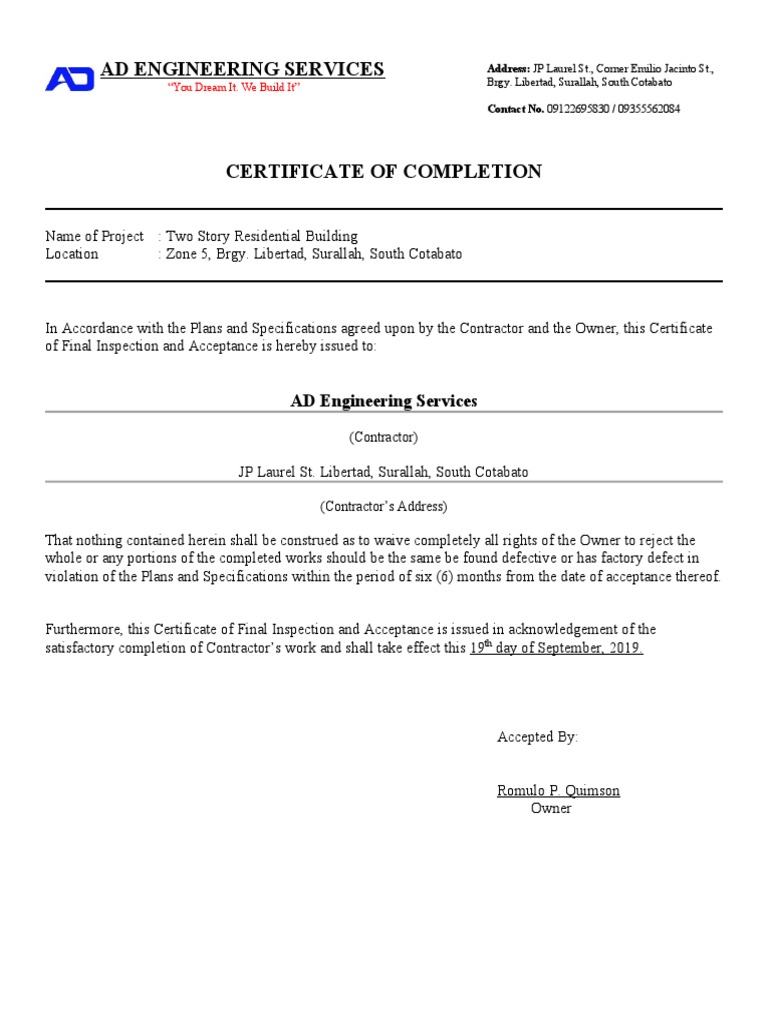 Certificate of Completion for Residential Project | PDF