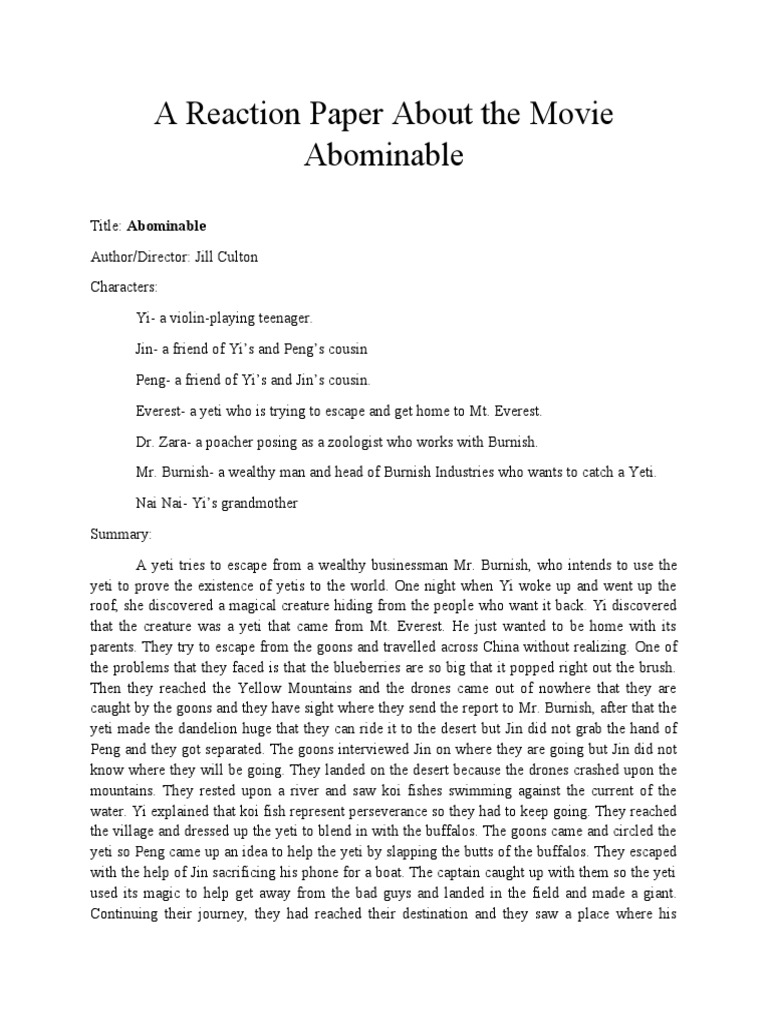 A Reaction Paper About The Movie Abominable | PDF