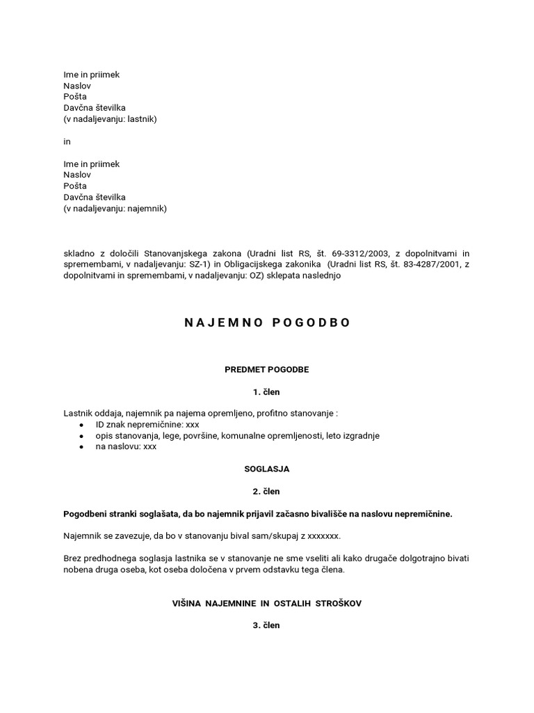 Najemna Pogodba Za Stanovanje Vzorec | PDF