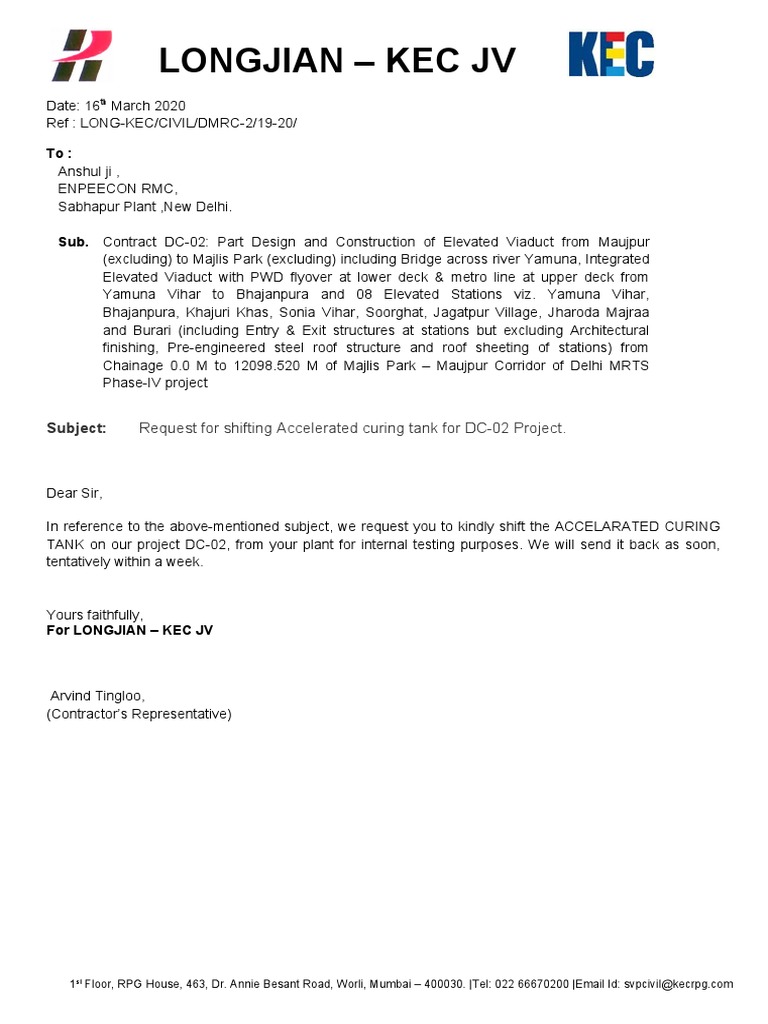 Longjian - Kec JV: Request For Shifting Accelerated Curing Tank For DC ...